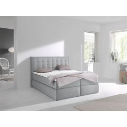 Boxspringbett Home Affaire "Sagres", grau, B:175cm L:210cm, Feinstruktur(100% Polyester);Bezug der Spiegelfl&auml;che Matratzendrell aus 100% Polyester, Komplettbetten, Boxspringbett, Kopfteil mit 2farbiger Flatterbiese und zweifarbigen Kn&ouml;pfen