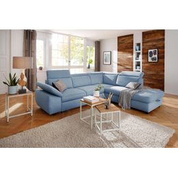 Ecksofa Home Affaire "Mauritius L-Form", blau (hellblau), B:276cm T:232cm, Struktur fein (100% Polyester);Luxus-Microfaser Lederoptik (100% Polyester);Soft clean (98% Polyester, 2% Polyamid), Sofas, Ecksofa, mit Ottomane, mit Kopfteil- und Armlehnverstellung