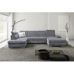 Wohnlandschaft WERK2 "Cordoba inkl. Bett, Bettkasten & Kopfteilfunktion, Breite 359 cm", grau, B:359cm H:86cm T:232cm, 100% Polyester, Sofas, Wohnlandschaft, bequem, komfortable Wellenunterfederung, inkl. Schlaffunktion, U-Form
