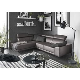 Ecksofa 3C CANDY "Greve modern und bequem, inkl. manueller Kopfteilverstellung, L-Form", grau, B:249cm H:79cm T:209cm, 100% Leder, Sofas, Ecksofa, wahlweise mit motorischem Sitzvorzug