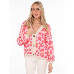 Strickjacke Zwillingsherz "Big Leo", Damen, pink (neonpink), Grobstrick, Obermaterial: 57% Polyester, 29% Polyamid, 7% Wolle, 7% Viskose, comfort fit h&uuml;ftlang, V-Ausschnitt, Strickjacken Strickjacke, One Size, Animal-Muster, Langarm, Kn&ouml;pfe, tiefer V-Ausschnitt, Topseller