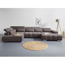 Wohnlandschaft COTTA "Orion U-Form", schwarz (charcoal), B:409cm H:73cm T:225cm, 100% Polyester, Sofas, Wohnlandschaft, mit Kopfteilverstellung & 6 Nierenkissen