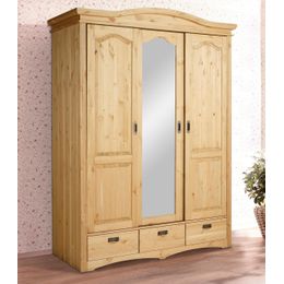 Schiebet&uuml;renschrank OTTO HOME "Konrad, Landhausstil, rustikal, mit Schubladen + Spiegel, Kassetten", beige (natur ge&ouml;lt, gelaugt), B:153cm H:207cm T:64cm, Glas, Massivholz, Schr&auml;nke, Schiebet&uuml;renschrank, massive Kiefer, FSC-zertifiziert, Messinggriffe, mehrere Varianten