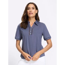 Poloshirt Inspirationen "Poloshirt", Damen, Gr. 42, rauchblau, 100% Baumwolle, unifarben, V-Ausschnitt, Shirts Poloshirt