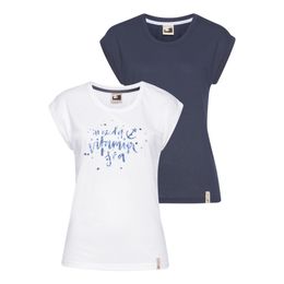 T-Shirt OCEAN SPORTSWEAR, Damen, Gr. 34, blau (navy wei&szlig;), Single Jersey, Obermaterial: 65% Polyester, 35% Viskose, l&auml;ssig geschnitten h&uuml;ftlang, Rundhals, angeschnitten Aufschlag, Shirts T-Shirt, Kurzarm mit Aufschlag, l&auml;ssiger Schnitt, mit Logodruck, Topseller