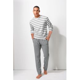 H.I.S. Pyjama H.I.S, Herren, Gr. 52/54 (L), grau (grau, creme), Jersey, Obermaterial: 60% Baumwolle, 40% Polyester, gestreift, Basic, lang, Rundhals, abgesteppte Kante, Homewear-Sets Pyjama, Schlafanzug mit garngef&auml;rbten Streifen, Topseller