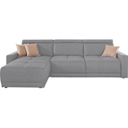 Ecksofa DOMO collection "Ava mit moderner Sitzheftung & toller Doppelnaht, komfortabel, L-Form", grau, B:262cm H:84cm T:167cm, Kunstleder SOFTLUX;Struktur fein (100% Polyester);Zierkissen: Microfaser PRIMABELLE (100% Polyester);Struktur (100% Polyester);Microfaser PRIMABELLE (100% Polyester), Sofas, Ecksofa, mit Recamiere, inkl. Federkern, wahlweise mit Kopfteilverstellungen