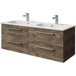 Waschtisch SAPHIR "Serie 6025 Mineralmarmor-Waschtisch mit Unterschrank, 132 cm breit", braun (eiche ribbeck, eiche ribbeck quer nb), B:132cm H:49,9cm T:48cm, Waschtische, Waschtisch, Doppel-Waschplatz mit 4 Schubladen, h&auml;ngend, verschiedene Ausf&uuml;hrungen