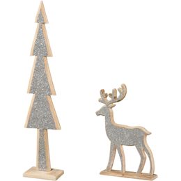 Weihnachtsfigur CREATIV HOME "Tannenbaum und Hirsch", silber, B:14,5cm H:69cm T:7cm, Dekofiguren, Weihnachtsfigur, mit Glitter