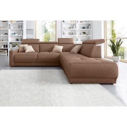 Ecksofa DOMO collection "Ava, moderne Sitzheftung mit toller Doppelnaht, komfortabel, L-Form", braun (espresso), B:266cm H:84cm T:99cm, Kunstleder SOFTLUX;Struktur fein (100% Polyester);Zierkissen: Microfaser PRIMABELLE (100% Polyester);Struktur (100% Polyester);Microfaser PRIMABELLE (100% Polyester), Sofas, Ecksofa, mit Ottomane, inkl. Federkern, wahlweise mit Kopfteilverstellungen