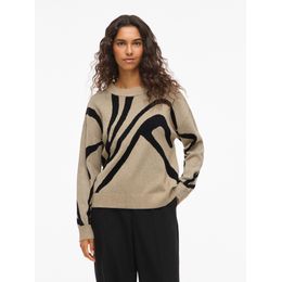 Strickpullover Vila "VITIF JACQUARD L/S KNIT TOP - NOOS", Damen, Gr. M, natural melange detail:schwarz, animal, Strick, Obermaterial: 50% Viskose, 28% Polyester, 22% Nylon, Jacquardmuster, gemustert, regular fit h&uuml;ftbedeckend, Rundhals, Rippb&uuml;ndchen, Pullover Strickpullover
