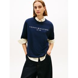 Langarmshirt Tommy Hilfiger "CORP LOGO TRAPEZE C-NK TEE", Damen, Gr. S (36), schwarz night navy, Single Jersey, Obermaterial: 100% Baumwolle, bedruckt, regular fit, Rundhals, Shirts Langarmshirt