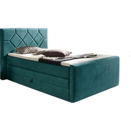 Boxspringbett Home Affaire "Atlanta", blau (ocean), B:110cm L:221cm, Kunststoff, Massivholz, Stoff, Komplettbetten, Boxspringbett, inklusive Topper und Bettkasten