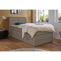 Boxspringbett Hapo, braun (hellbraun, strukturstoff), Liegefl&auml;che B/L: 100cm x 200cm, kein H&auml;rtegrad, Bonnell-Federkernmatratze, Kopfteil, seitliche Unterbox und Obermatratze sind mit pflegeleichtem Feinstrukturstoff in Leinenoptik (100% Polyester) oder Kunstleder bezogen;Die Oberseite der Unterfederung und die Ober- und Unterseite der Obermatratze sind jeweils mit einem rutschhemmenden Stoff aus 
