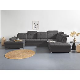 Wohnlandschaft COTTA "Holiday U-Form mit Sitztiefen-, Armteil- und Kopfteilverstellung", braun (mud), B:386cm H:86cm T:265cm, 100% Polyester, Sofas, Wohnlandschaft, wahlweise mit Bettfunktion & Bettkasten