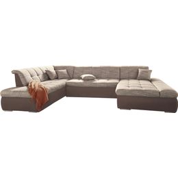Wohnlandschaft DOMO collection "Moric Luxus incl. Zierkissen", braun (espresso, beige, braun, braun), B:353cm H:80cm T:95cm, Kunstleder SOFTLUX / Struktur (90% Polyester, 10% Polyacryl), Sofas, Wohnlandschaft, U-Form, bis 140kg pro Sitzplatz belastbar, XXL B/T/H: 353/216/80 cm