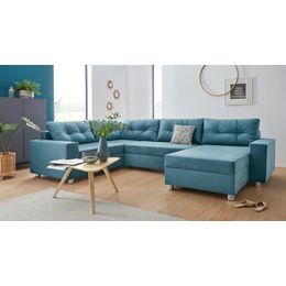 Wohnlandschaft Collection AB "Paris U-Form", blau (azur), B:310cm T:212cm, Samtoptik (100% Polyester), Sofas, Wohnlandschaft, inklusive Federkern, wahlweise mit Bettfunktion und Bettkasten