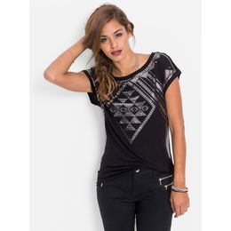 Kurzarmshirt Inspirationen "Shirt", Damen, Gr. 52, schwarz (schwarz, silberfarben, bedruckt), 95% Polyester, 5% Elasthan, gemustert, unifarben, Rundhals, Shirts Kurzarmshirt