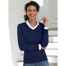 V-Ausschnitt-Pullover Casual Looks "Pullover", Damen, Gr. 46, blau (marine), 50% Baumwolle, 50% Polyacryl, meliert, unifarben, figurumspielend, Pullover V-Ausschnitt-Pullover