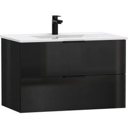 Waschtisch Welltime "Athen Badschrank Badezimmer WC Unterschrank mit Becken", schwarz (schwarz, schwarz hochglanz), B:80cm H:50cm T:46cm, Waschtische, Waschtisch, Waschplatz mit 2 Schubladen, Breite 80cm Softclose Bad