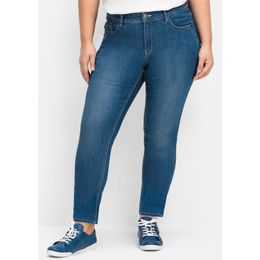 Stretch-Jeans sheego, Damen, Gr. 25, Kurzgr&ouml;&szlig;en, blau (blau denim), 75% Baumwolle, 24% Polyester, 1% Elasthan, unifarben, lang, Jeans Stretch-Jeans