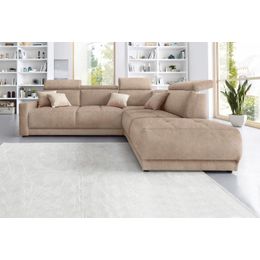 Ecksofa DOMO collection "Ava, moderne Sitzheftung mit toller Doppelnaht, komfortabel, L-Form", beige (natur), B:266cm H:84cm T:99cm, Kunstleder SOFTLUX;Struktur fein (100% Polyester);Zierkissen: Microfaser PRIMABELLE (100% Polyester);Struktur (100% Polyester);Microfaser PRIMABELLE (100% Polyester), Sofas, Ecksofa, mit Ottomane, inkl. Federkern, wahlweise mit Kopfteilverstellungen