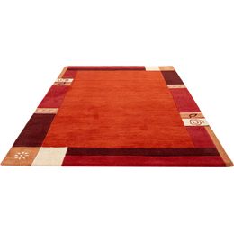 Wollteppich Theko "Tromso, Wolle, Handgefertigt, Bord&uuml;re mit Hoch-Tief-Effekt" Gr. 4, rot, B:160cm H:15mm L:230cm, Wolle, Teppiche, Wollteppich, Wohnzimmer, Schlafzimmer, Esszimmer