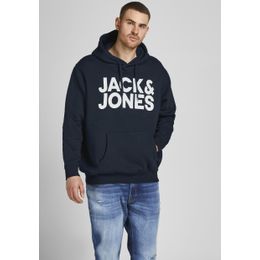 Jack & Jones PlusSize Kapuzensweatshirt "CORP LOGO SWEAT HOOD", Herren, Gr. 6XL, blau (navy), angeraute Sweatware, Obermaterial: 70% Baumwolle, 30% Polyester, JACK & JONES PLUSSIZE, bedruckt, normal normal, Rundhals, B&uuml;ndchen, Sweatshirts Kapuzensweatshirt, Bis Gr&ouml;&szlig;e 6XL