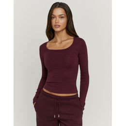 Langarmshirt Tally Weijl "STSCOORLA", Damen, Gr. S, mauve wine, Jersey, Obermaterial: 100% Baumwolle, unifarben, figurbetont taillenbedeckt, tiefer Rundhals, Shirts Langarmshirt, Baumwollmischung, figurbetont