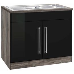 Sp&uuml;lenschrank KOCHSTATION "KS-Samos", schwarz (schwarz hochglanz, eiche vintage), B:100cm H:85cm T:60cm, Schr&auml;nke, Sp&uuml;lenschrank, 100 cm breit, inkl. Einbausp&uuml;le