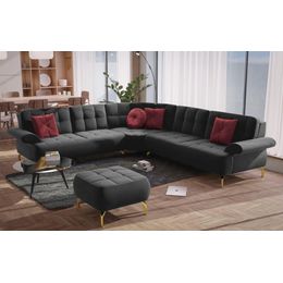 Sit & More Ecksofa SIT & MORE "Orient 1 L-Form", schwarz, B:299cm H:88cm T:279cm, 100% Polyester, Sofas, Ecksofa, inkl. 4 Zierkissen mit Strass-Stein, goldfarbene Metallf&uuml;&szlig;e