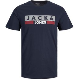Jack & Jones PlusSize Rundhalsshirt "JJECORP LOGO TEE SS O-NECK NOOS PLS", Herren, Gr. 3XL, blau (navy blazer print:play), Jersey, Obermaterial: 100% Baumwolle, JACK & JONES PLUSSIZE, bedruckt, normal, Rundhals, Shirts Rundhalsshirt