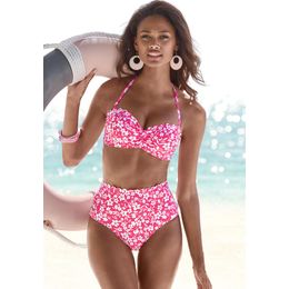 B&uuml;gel-Bandeau-Bikini-Top Vivance "Leni", Damen, Gr. 34, Cup D, wei&szlig; (neonpink, wei&szlig;), Microfaser, bedruckt, gebl&uuml;mt, Bikini-Oberteile B&uuml;gel-Bandeau-Bikini-Top, mit gelaserter Wellenkante
