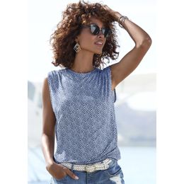 Shirttop Lascana, Damen, Gr. 40/42, blau (blau bedruckt), Jersey, Obermaterial: 100% Viskose, bedruckt, figurumspielend h&uuml;ftlang, Rundhals, Tops Shirttop, mit Alloverdruck, lockere Passform, modisch, ohne &Auml;rmel, Topseller
