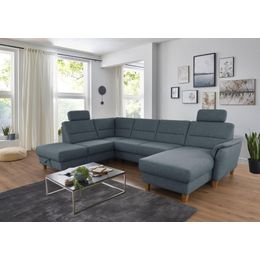 Wohnlandschaft Home Affaire "Palmera U-Form, B: 308 cm", blau (blaugrau), B:308cm H:89cm T:212cm, 100% Polyester;Struktur (100% Polyester);Luxus-Microfaser in Lederoptik (100% Polyester), Sofas, Wohnlandschaft, optional Bettfunktion & Bettkasten, Federkern