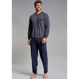 G&ouml;tzburg Pyjama G&Ouml;TZBURG "Manhattan", Herren, Gr. 56 (XXL), blau (navy), Single Jersey, Obermaterial: 100% Baumwolle, bedruckt, gemustert, bequem lang, V-Ausschnitt, angesetztes B&uuml;ndchen, Homewear-Sets Pyjama, Langarm, V-Ausschnitt, lange Hose, V-Ausschnitt, Baumwolle