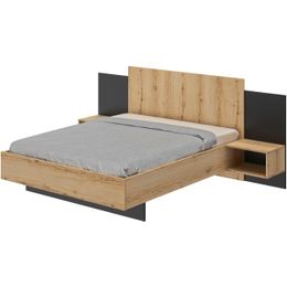 Bett GAMI "Mimizan", braun (eiche helvezia, schwarz, eiche helvezia, schwarz, eiche helvezia), B:235cm H:102cm L:206cm, Betten, Bett, mit 2 Nachttischen