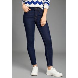 Slim-fit-Jeans Kangaroos "CROPPED HIGH WAIST SLIM FIT", Damen, Gr. 46, N-Gr, blau (rinsed), Denim/Jeans, Obermaterial: 80% Baumwolle, 18% Polyester, 2% Elasthan, clean, Basic, extraeng kn&ouml;chellang, Jeans Slim-fit-Jeans, schmale Passform, R&ouml;hrenjeans, trendige Used-Waschung