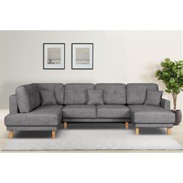 Wohnlandschaft Home Affaire "TRIPLO U-Form wahlweise mit Schlaffunktion, B/T/H: 310/192/90 cm", grau, B:310cm H:90cm T:192cm, 100% Polyester, Sofas, Wohnlandschaft, Schlafsofa, auch mit Bettkasten, Steppung im R&uuml;ckenkissen