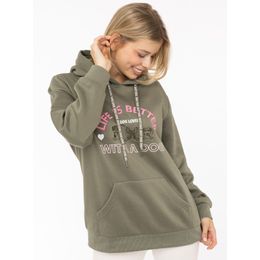 Hoodie Zwillingsherz "Dog Life", Damen, Gr. S/M, khaki, Sweatware, Obermaterial: 80% Polyester, 20% Baumwolle, Sweatshirts Hoodie, Mini-Me,mit gestickten Hunden und Slogan