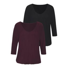 3/4-Arm-Shirt Lascana "mit zarter Raffung am Ausschnitt", Damen, Gr. 40/42, lila (aubergine, schwarz), Jersey, Obermaterial: 95% Viskose (LENZING&trade; ECOVERO&trade;), 5% Elasthan, unifarben, Basic, figurumspielend normal, V-Ausschnitt, angeschnitten, Shirts 3/4-Arm-Shirt, aus weichem Viskose-Stretch, Topseller