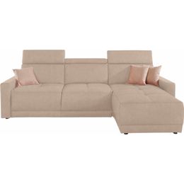 Ecksofa DOMO collection "Ava mit moderner Sitzheftung & toller Doppelnaht, komfortabel, L-Form", beige (natur), B:262cm H:84cm T:167cm, Kunstleder SOFTLUX;Struktur fein (100% Polyester);Zierkissen: Microfaser PRIMABELLE (100% Polyester);Struktur (100% Polyester);Microfaser PRIMABELLE (100% Polyester), Sofas, Ecksofa, mit Recamiere, inkl. Federkern, wahlweise mit Kopfteilverstellungen