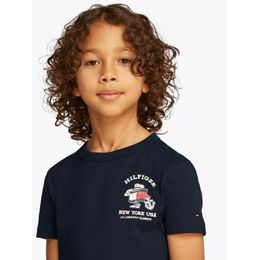 T-Shirt Tommy Hilfiger "FLAG FUN TEE SS", Jungen, Gr. 80, blau (schwarz night navy), Single Jersey, Obermaterial: 100% Baumwolle, bedruckt, regular fit, Rundhals, abgesteppt, Shirts T-Shirt, mit Grafik-Logo