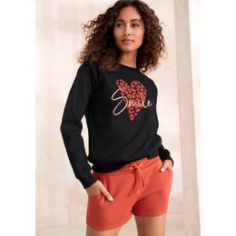 Sweatshirt Lascana, Damen, Gr. 32/34, schwarz, Obermaterial: 60% Baumwolle, 40% Polyester, bedruckt, unifarben, klassisch h&uuml;ftlang, Rundhals, Rippb&uuml;ndchen, Sweatshirts Sweatshirt, mit Herz-Leo-Druck, Loungewear, Topseller