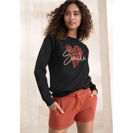 Sweatshirt Lascana, Damen, Gr. 44/46, schwarz, Obermaterial: 60% Baumwolle, 40% Polyester, bedruckt, unifarben, klassisch h&uuml;ftlang, Rundhals, Rippb&uuml;ndchen, Sweatshirts Sweatshirt, mit Herz-Leo-Druck, Loungewear, Topseller