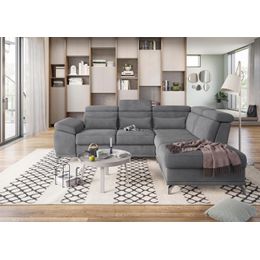 Sit & More Ecksofa SIT & MORE "Cabrio L-Form, B: 274 cm, mit Sitztiefen-, Arm- & Kopfteilverstellung", grau, B:274cm H:87cm T:230cm, 100% Polyester, Sofas, Ecksofa, 3 Nierenkissen, Federkern, optional Bettfunktion und Stauraum
