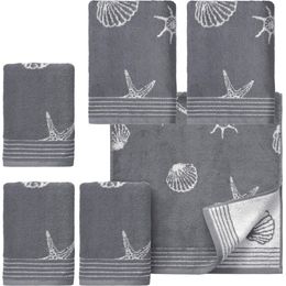 Handtuch Set Dyckhoff "Seashell", grau, 6 Stk., Walkfrottee, Walkfrottee, Obermaterial: 100% Baumwolle, Handtuch-Sets, Handtuch Set, mit Muschelmuster; 4 Handt&uuml;cher (50x100cm), 2 Duscht&uuml;cher (70x140cm)