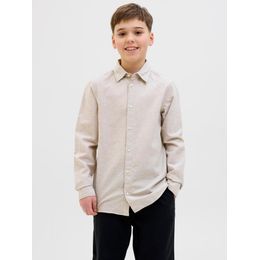 Jack & Jones Langarmhemd JACK & JONES JUNIOR "JJEBREEZE SHIRT LS SN JNR", Jungen, Gr. 128, N-Gr, beige (crockery), Web, Obermaterial: 70% Baumwolle, 30% Leinen, unifarben, regular fit normal, Hemden Langarmhemd