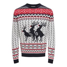 Only & Sons Rundhalspullover ONLY & SONS "ONSX-MAX REG DEER CREW KNIT", Herren, Gr. S, wei&szlig; (cloud dancer), Strick, Obermaterial: 100% Baumwolle, gemustert, regular fit, Rundhals, Rippb&uuml;ndchen, Pullover Rundhalspullover
