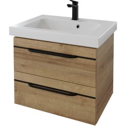 Waschtisch SAPHIR "Serie Balto Mineralmarmor-Waschtisch mit Unterschrank, 64,4 cm breit", braun (riviera eiche quer nachbildung, riviera eiche quer nachbildung), B:64,4cm H:55,6cm T:46cm, Waschtische, Waschtisch, Waschplatz mit 2 Schubladen, Badschrank in verschiedenen Ausf&uuml;hrungen